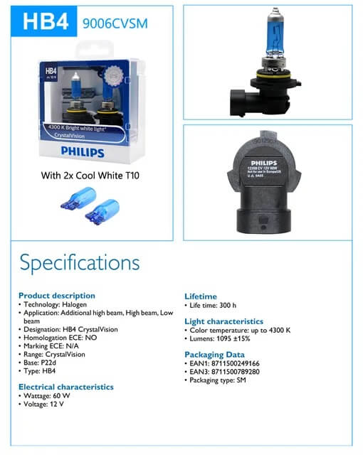 Hộp 2 Bóng Đèn Pha Xe Hơi Philips Crystal Vision HB4 9006CVSM 12V 55W